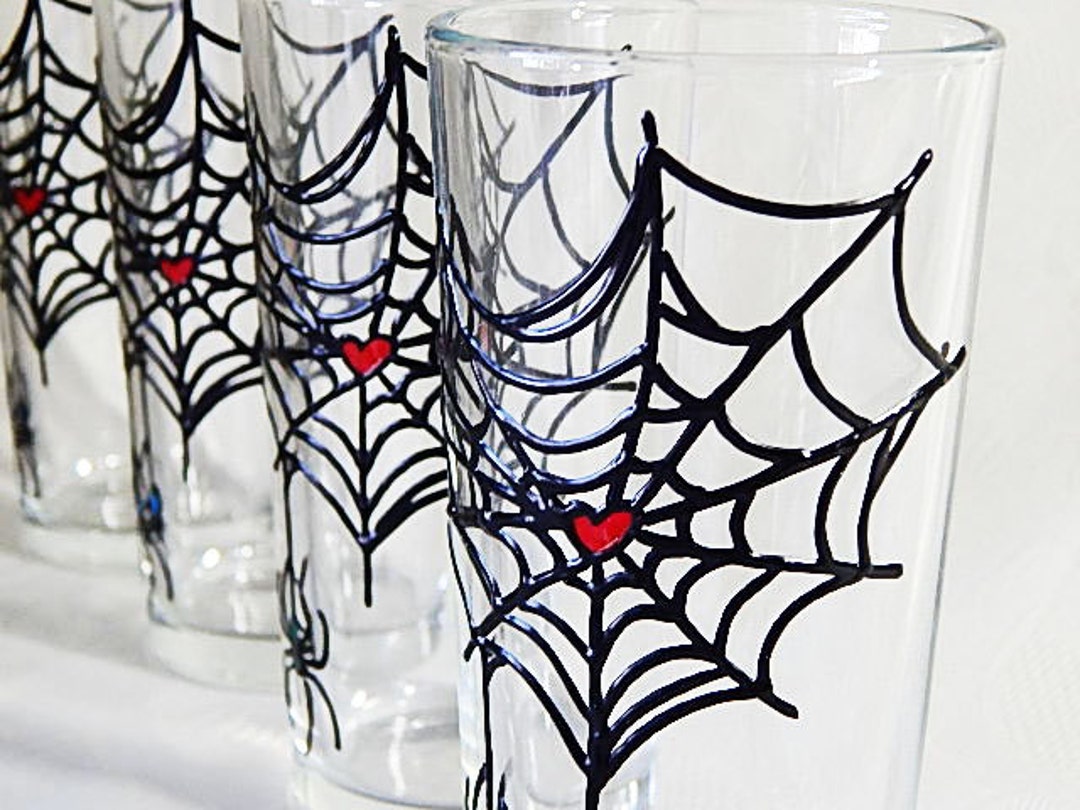 Spider Web Hand Painted Drinking Glass Set Of4 Halloween Water Glasses ...
