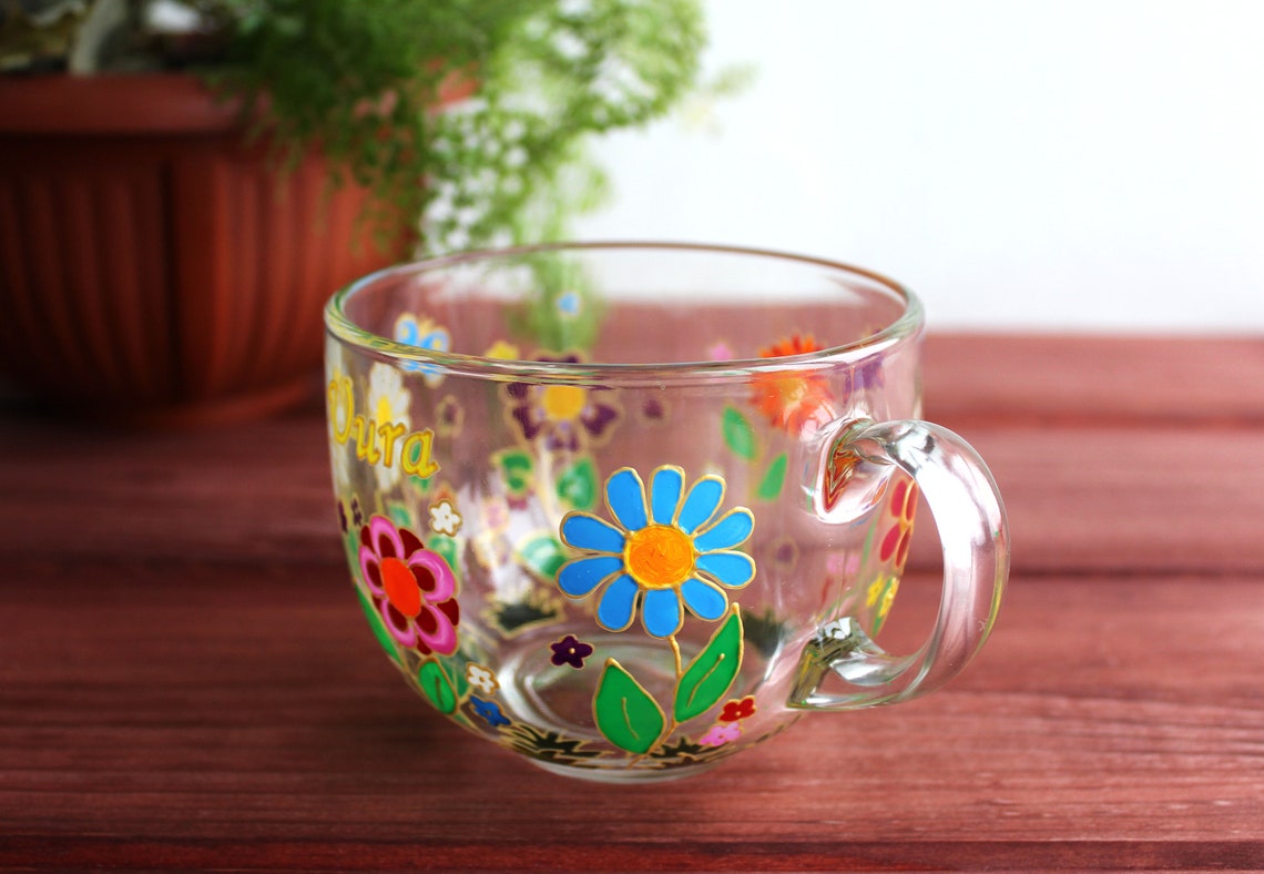 Spring Flowers Big Mugs Personalized Glass, Handpainted Gifts for ...