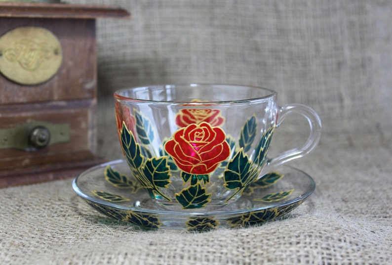 Flower Tea Cup Set Hand Painted Roses Tea Cup and Saucer | Etsy