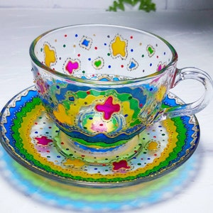 Rainbow Tea Cup and Saucer Set Hand Painted Gifts, Personalized Multi ...