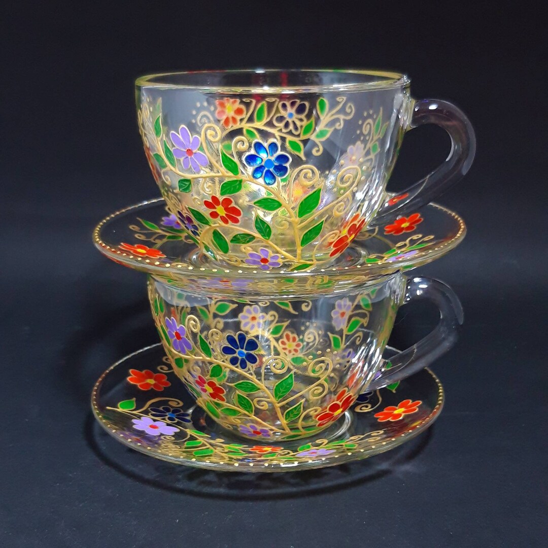 Personalized Hand Painted Rainbow Glass Tea Cup Set Perfect Gift for ...