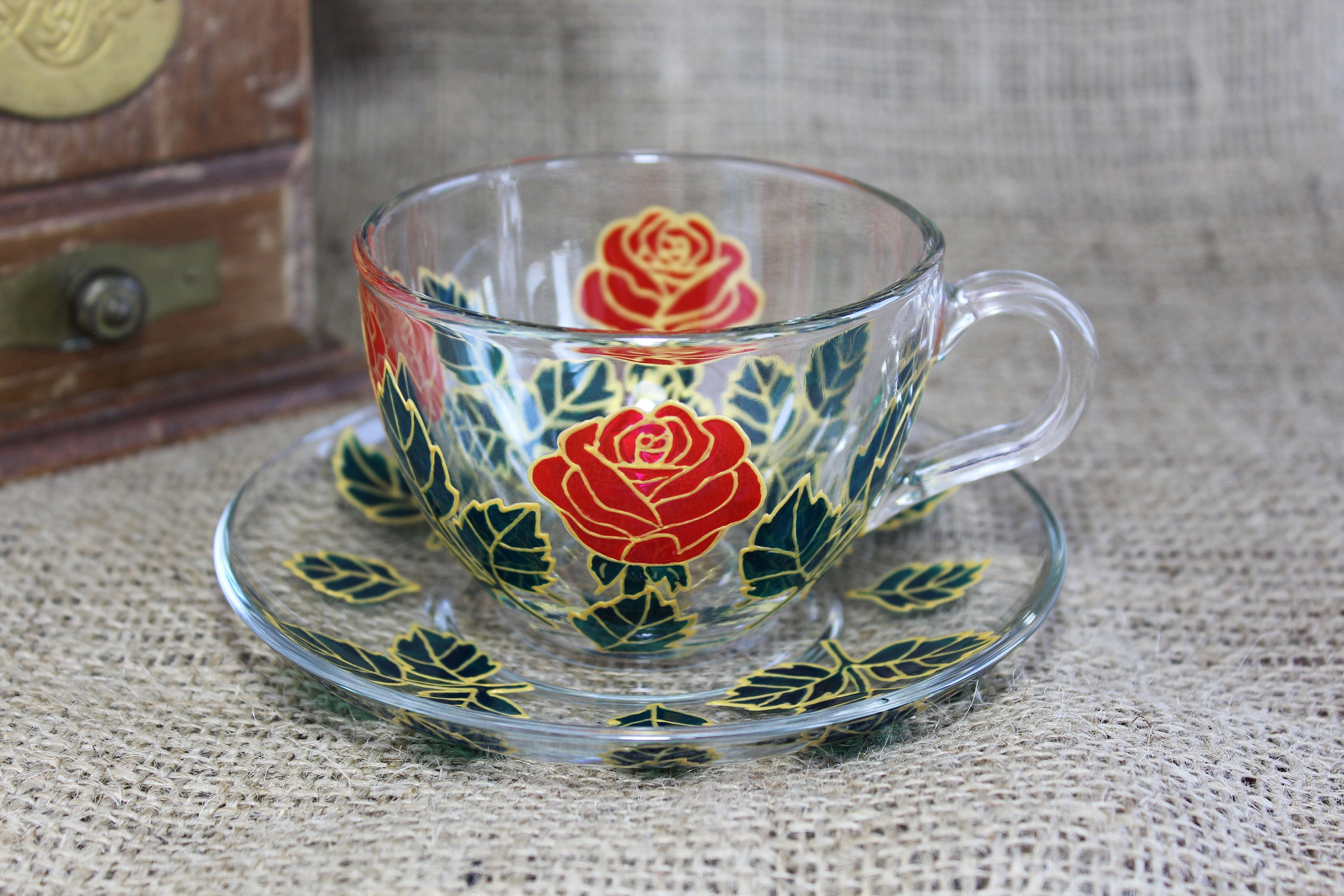 Flower tea cup set hand painted Roses tea cup and saucer | Etsy