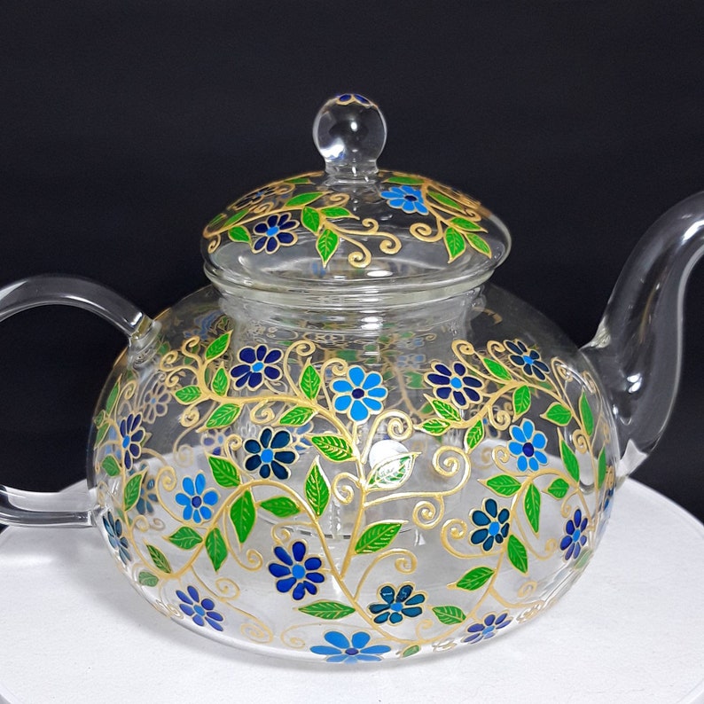 Teapot With Blue Fower Hand Painted Glass Teapot Floral Gift - Etsy