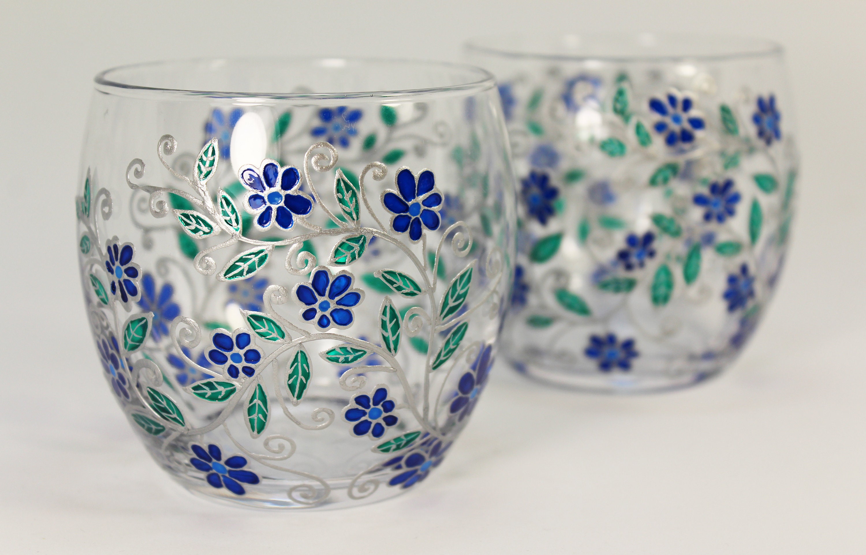 Hand-painted Floral Stemmed Glass, Blue Flower Drinkware, Set of 2 - Etsy