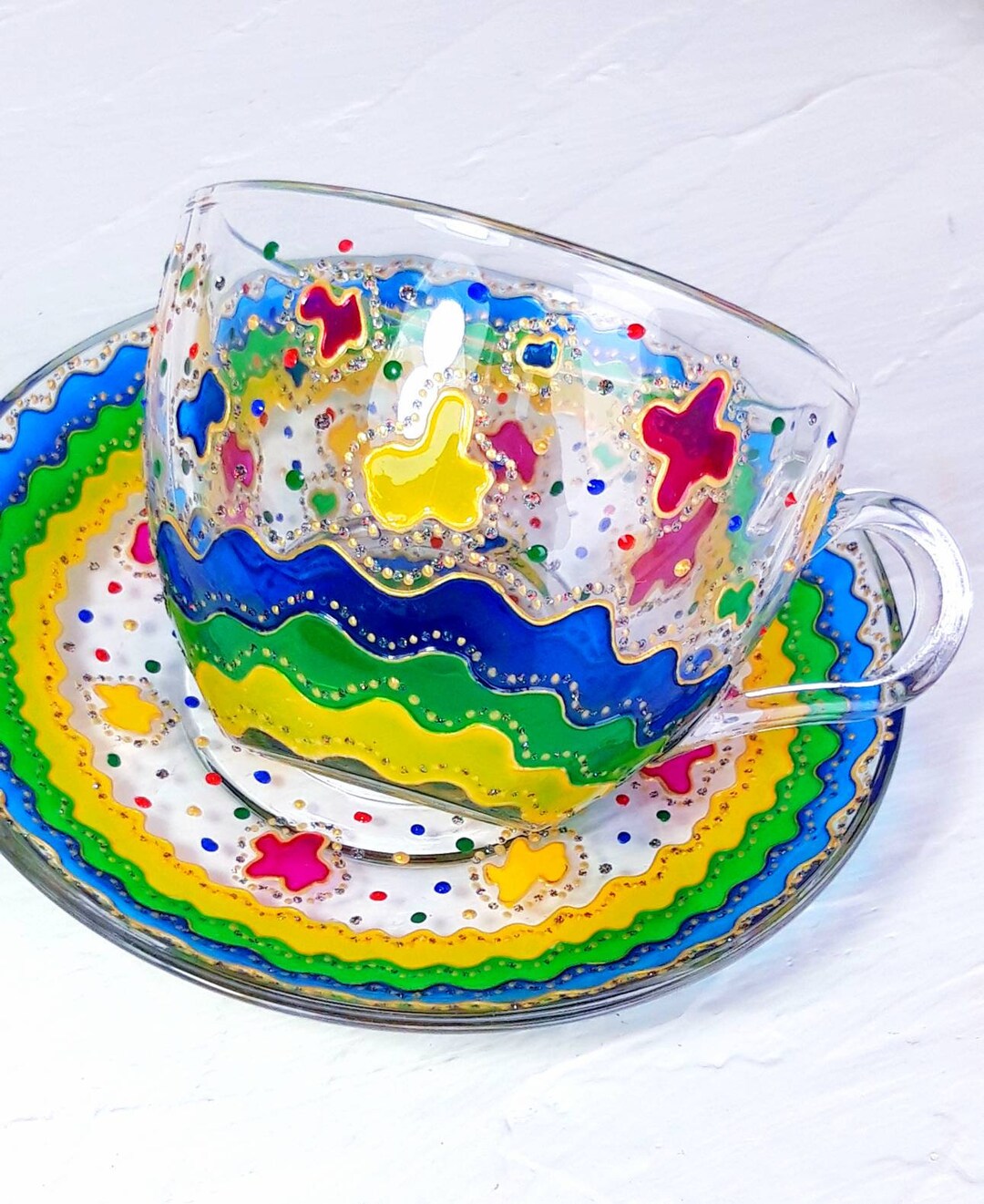 Rainbow Tea Cup and Saucer Set Hand Painted Gifts, Personalized Multi ...