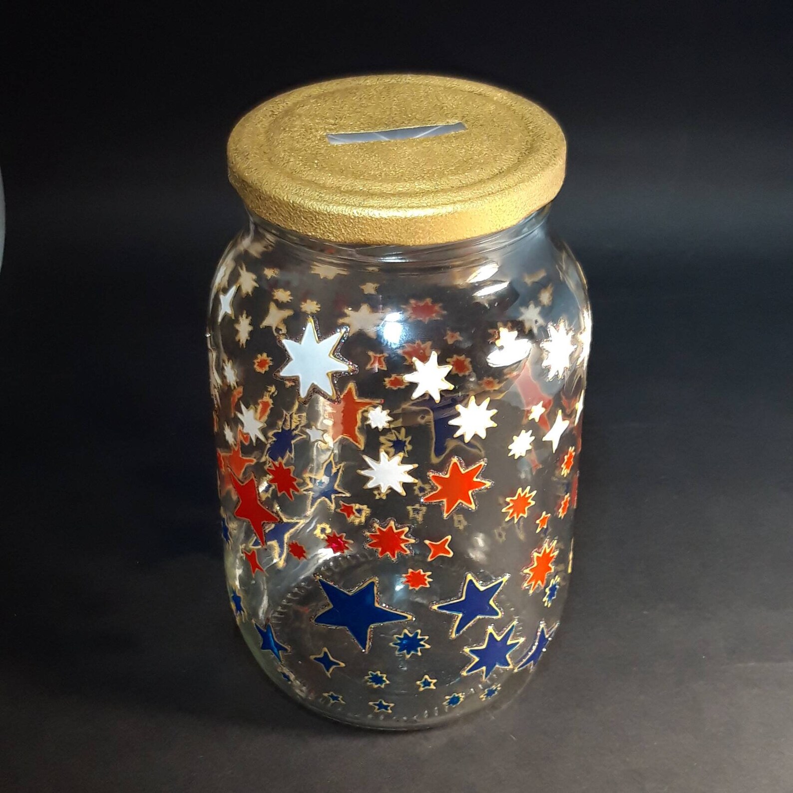 Big Coin Bank Hand Painted Rainbpw Stars red Blue White. | Etsy