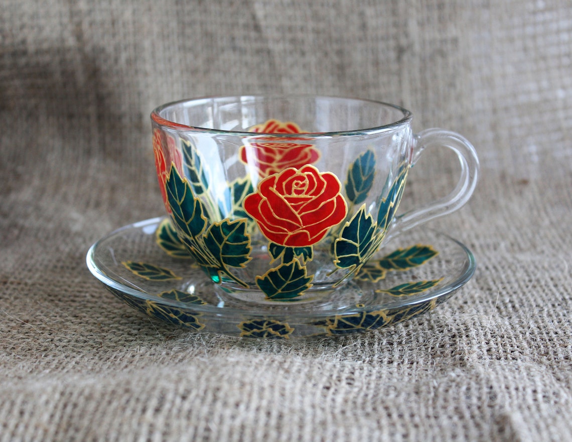Flower Tea Cup Set Hand Painted Roses Tea Cup and Saucer | Etsy