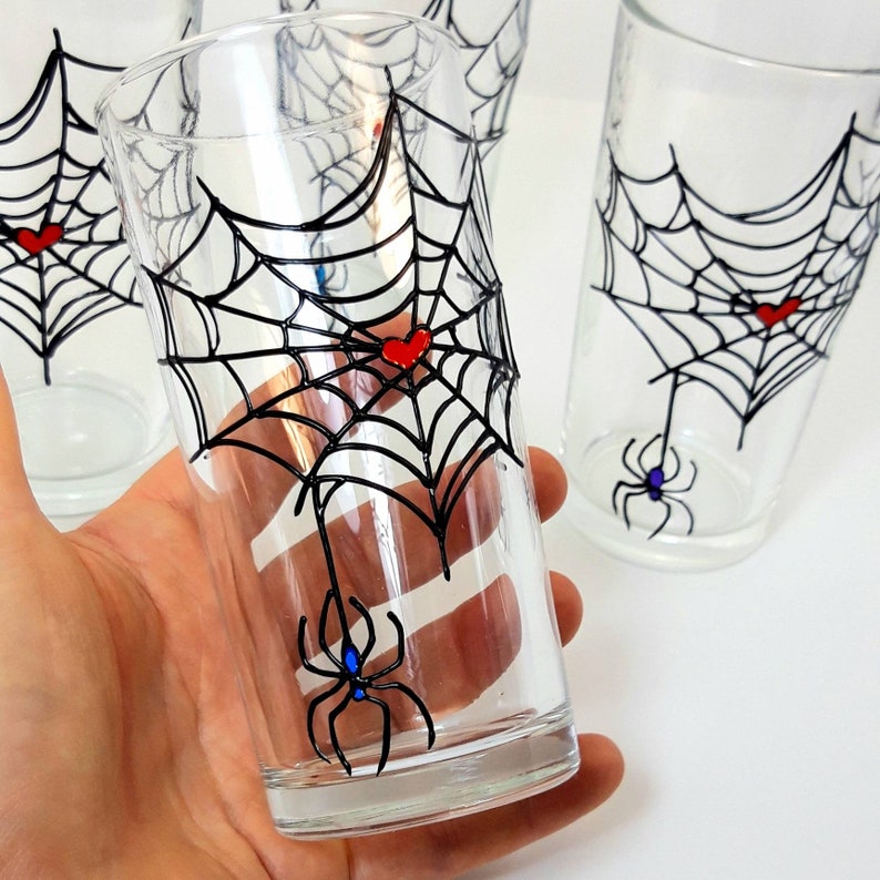 Spider Web Hand Painted Water Glasses Drinking Glass Set Of4 Halloween ...