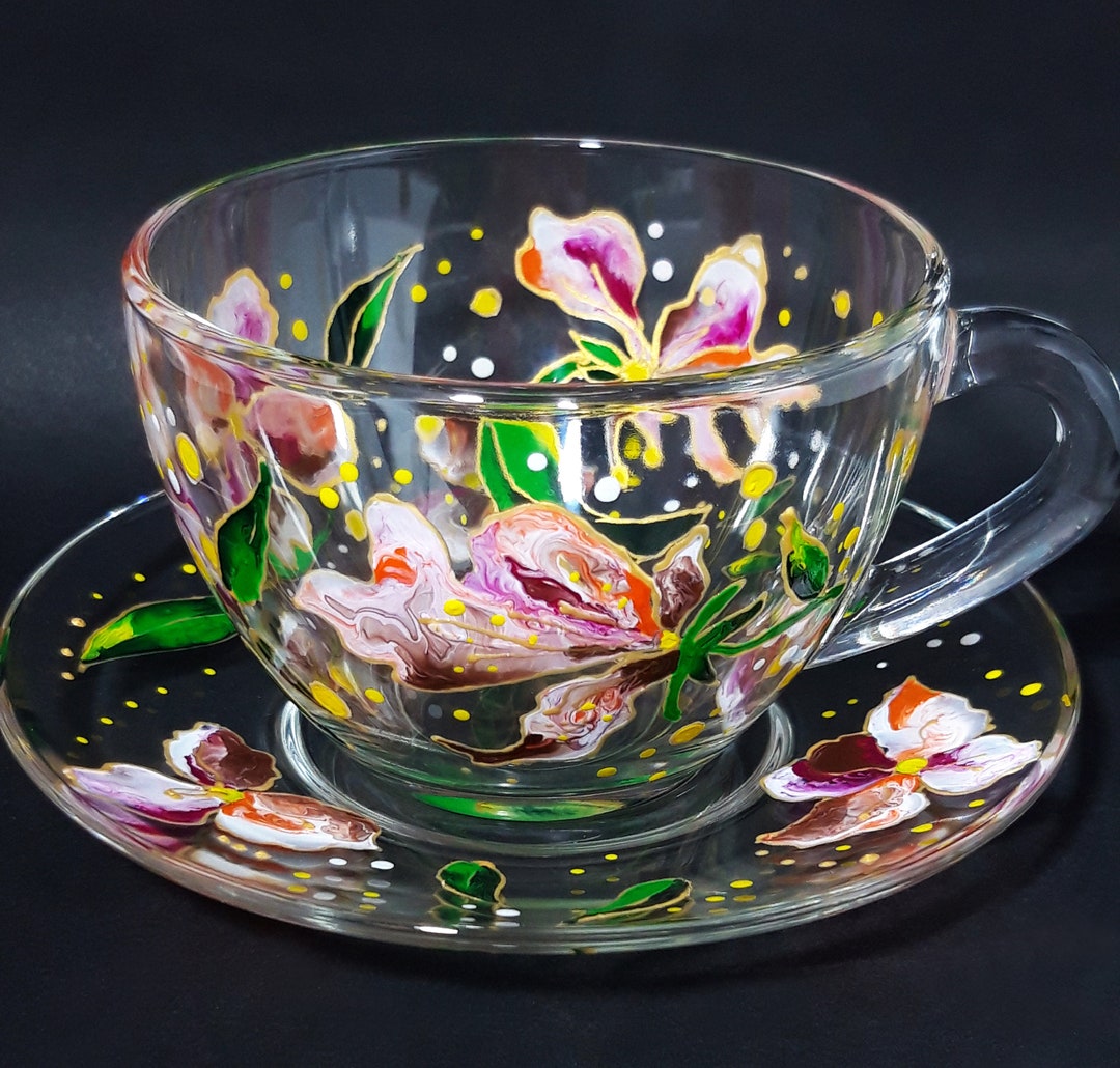 Hand Painted Apple Blossom Stained Glass Tea Cup and Saucer Set - Etsy