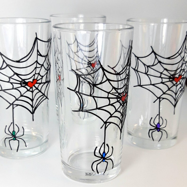 Spider Web Hand Painted Water Glasses Drinking Glass Set Of4 Halloween ...