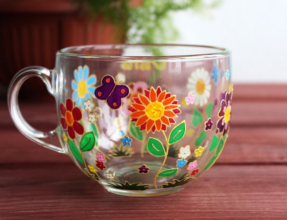 Spring Flowers Big Mugs Personalized Glass Handpainted Gifts | Etsy