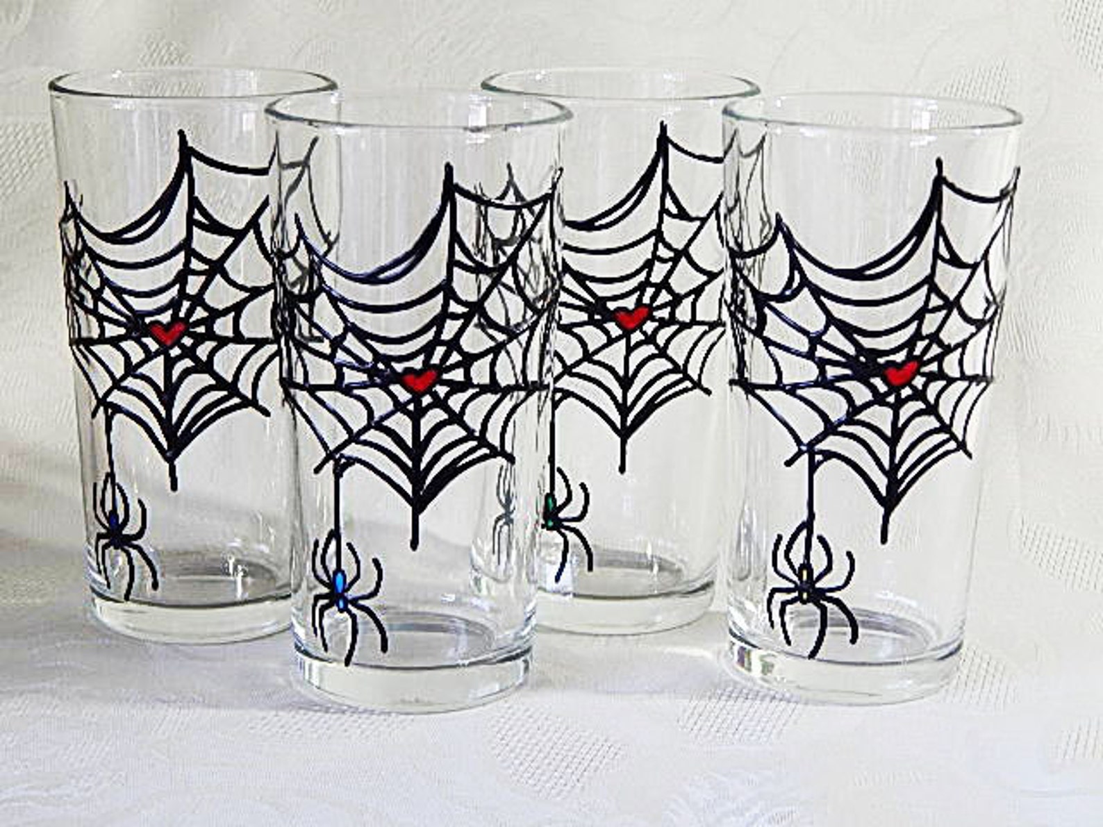 Spider Web Hand Painted Drinking Glass Set Of4 Halloween Water Glasses ...