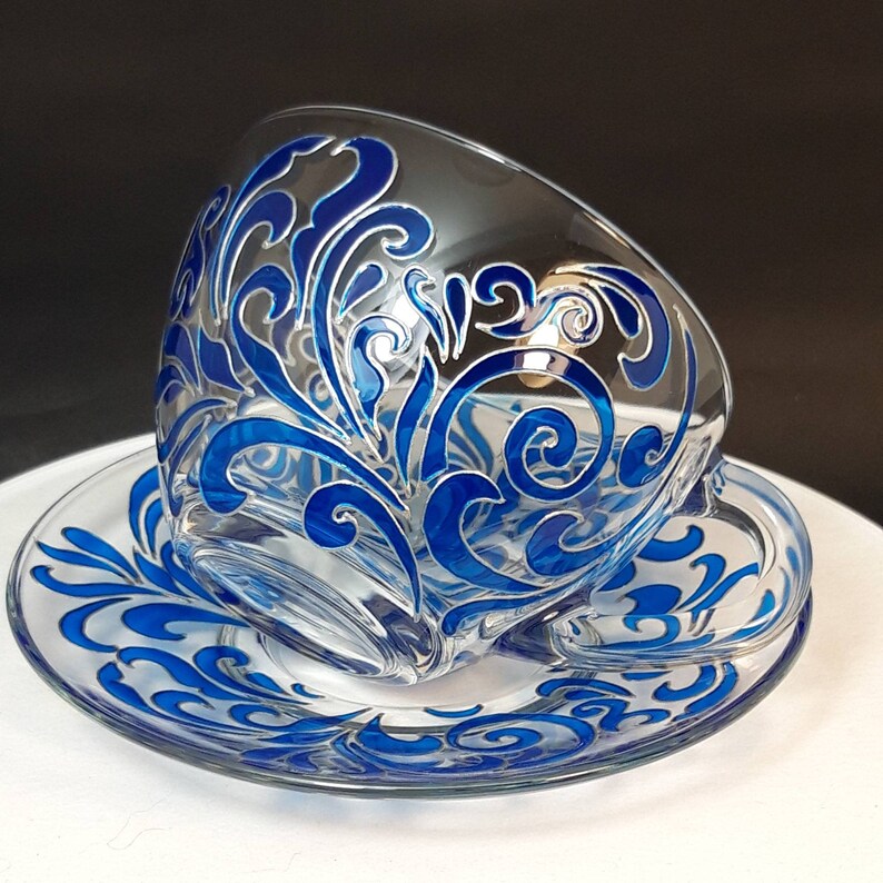 Tea Cup Set Hand Painted Blue Stained Glass Coffee Cup - Etsy