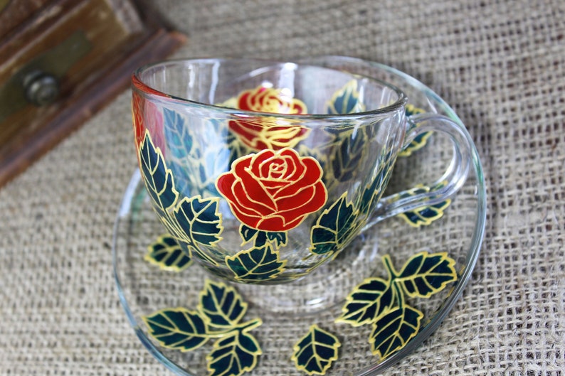 Flower Tea Cup Set Hand Painted Roses Tea Cup and Saucer | Etsy