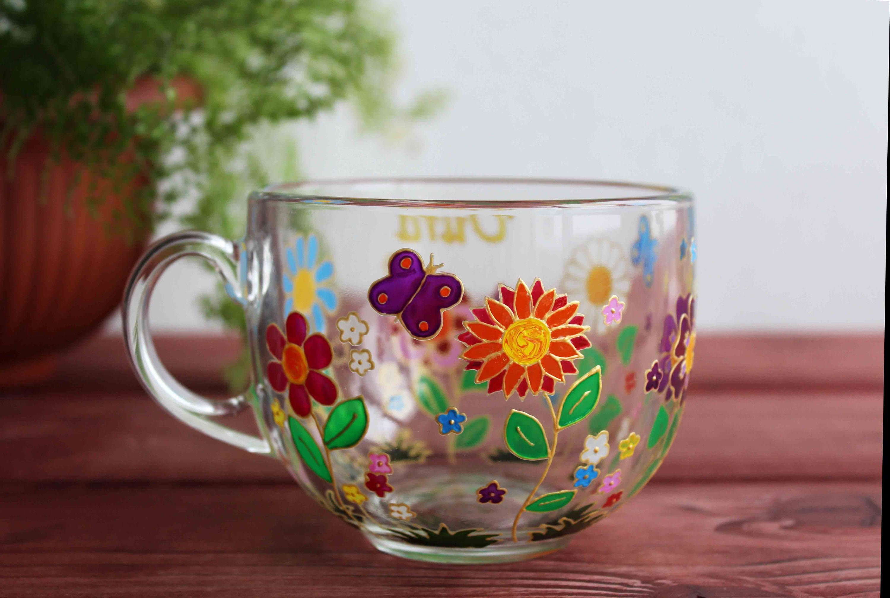 Spring Flowers Big Mugs Personalized Glass, Handpainted Gifts for ...