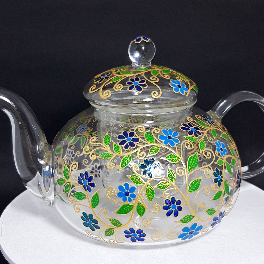 Teapot With Blue Fower Hand Painted Glass Teapot Floral Gift for Women ...