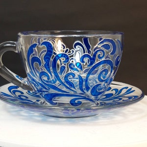 Tea Cup Set, Hand Painted Blue Stained Glass Coffee Cup, Personalized ...