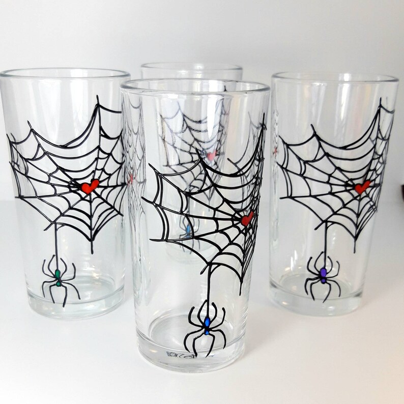 Spider Web Hand Painted Water Glasses Drinking Glass Set Of4 Halloween ...