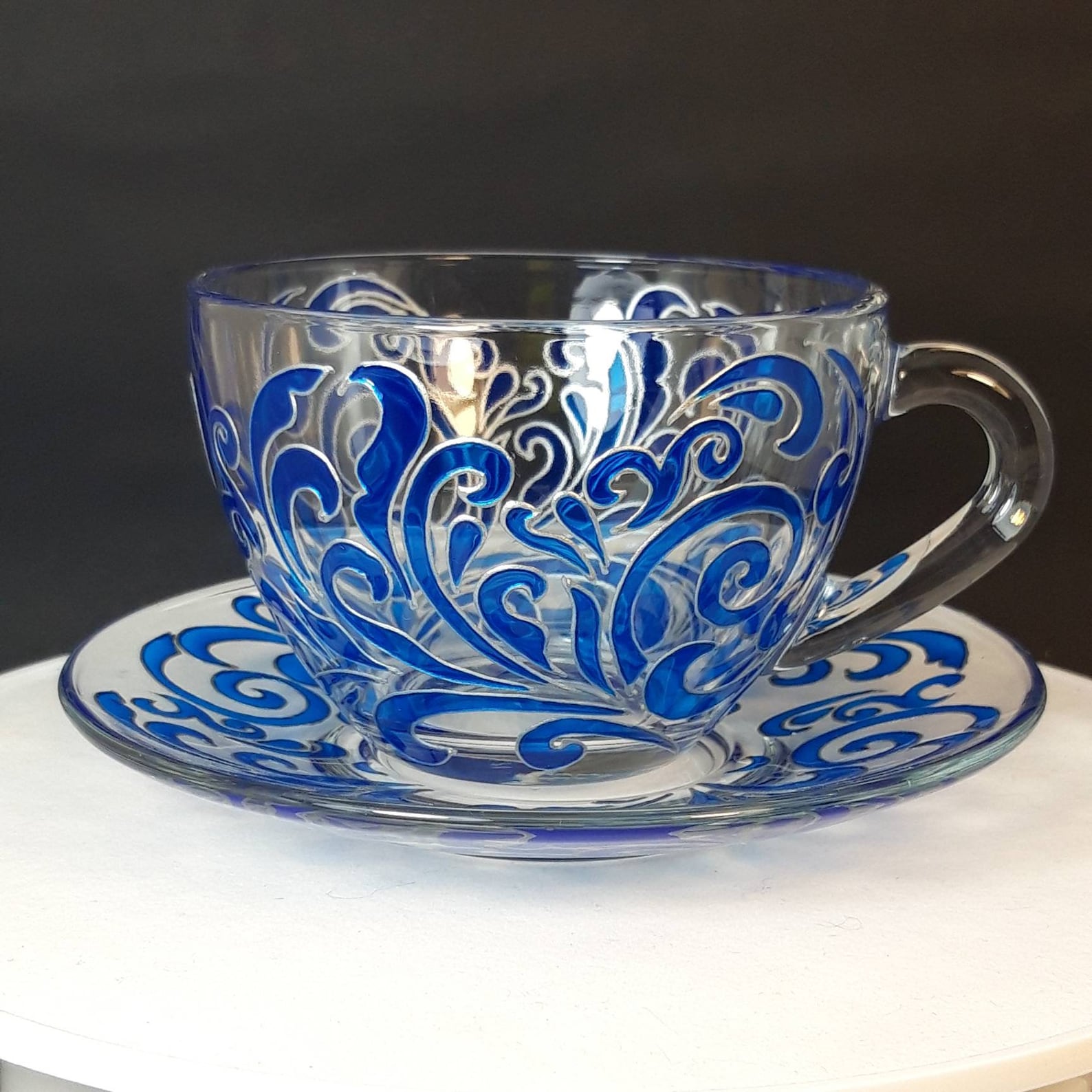 Tea Cup Set Hand Painted Blue Stained Glass Coffee Cup - Etsy
