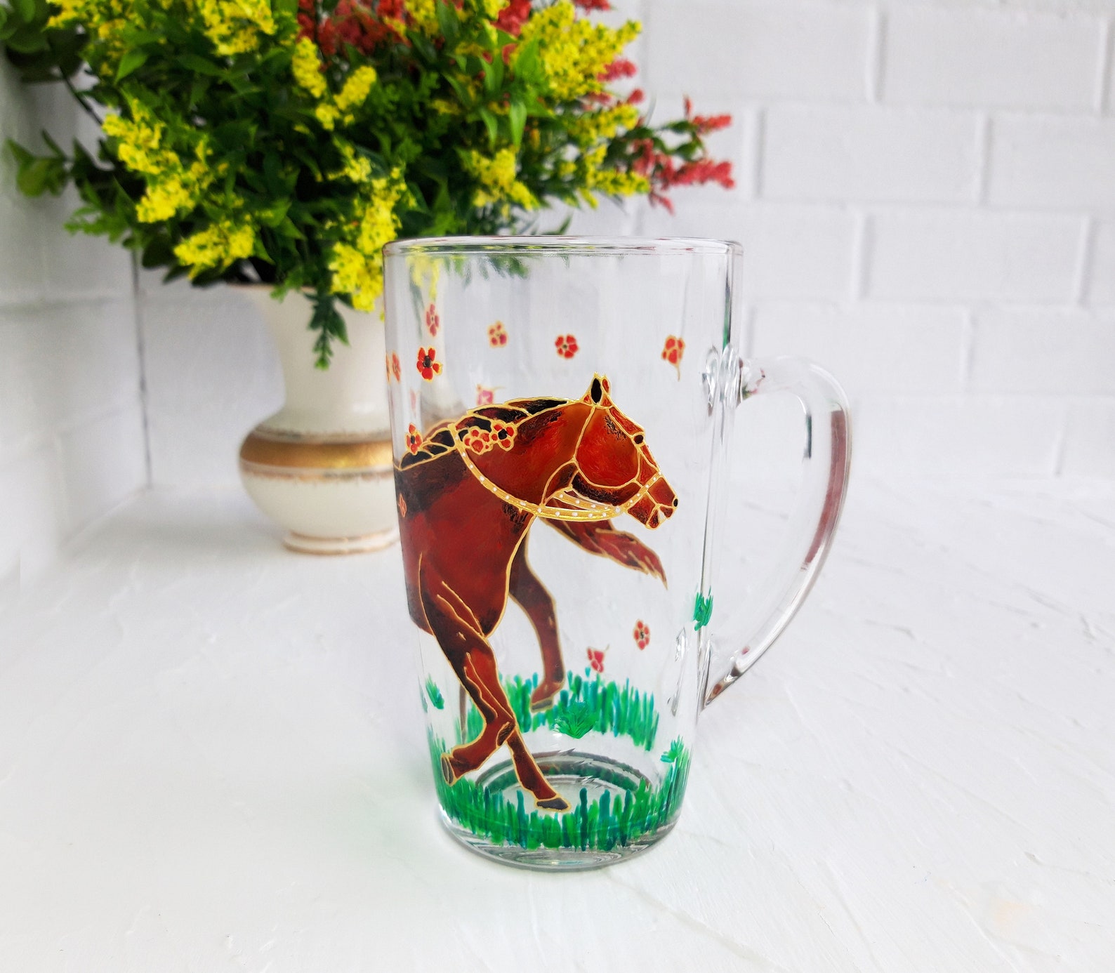 Horse Mug / Personalized Running Horse Gifts Painted Glass | Etsy
