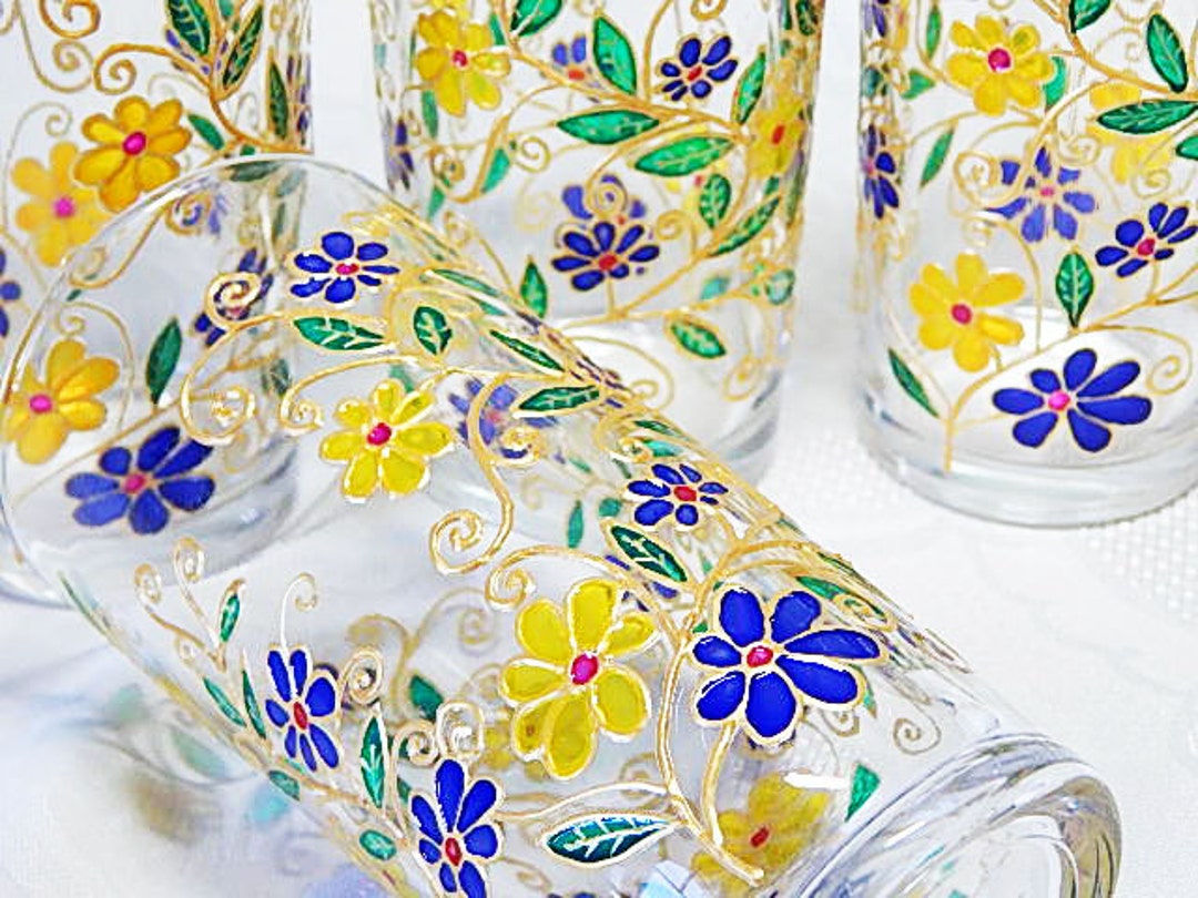 Handgemalte Blumen Wasser Gläser / Floral Buntes Glas - Etsy.de