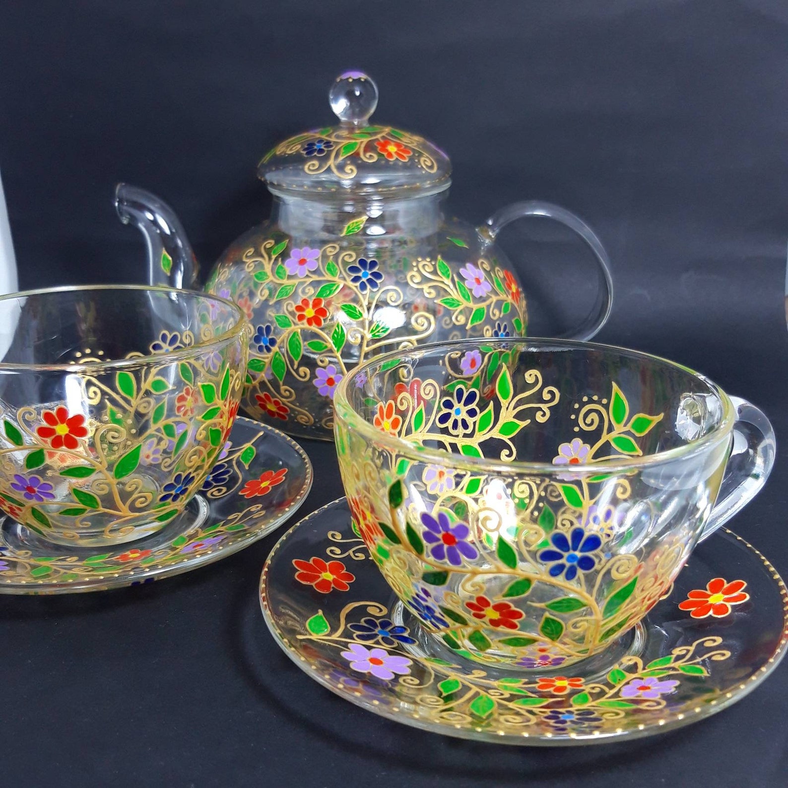 Flowers Garden Teapot Tea Set 2 Tea Cup Hand Painted Birthday Gift for ...