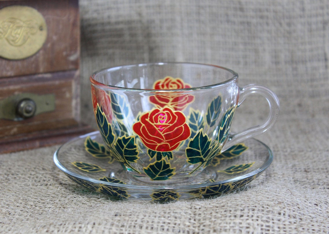 Flower Tea Cup Set Hand Painted Roses Tea Cup and Saucer | Etsy