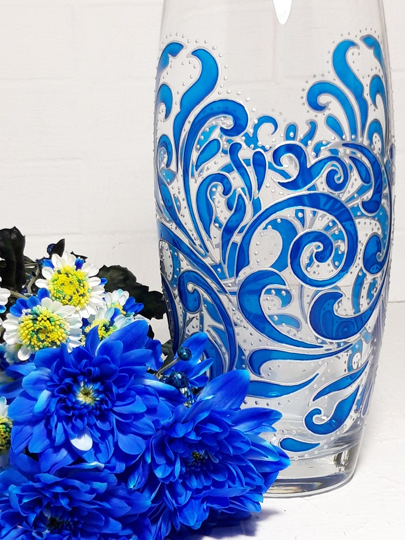 Hand Painted Big Glass Vase Wedding Centerpiece Blue Stained | Etsy