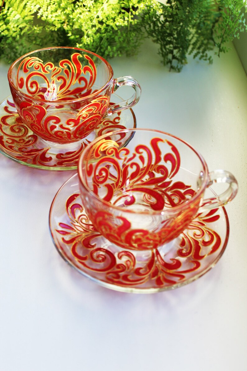 Tea Cup and Saucer Set for Two Hand Painted Fire Flame - Etsy
