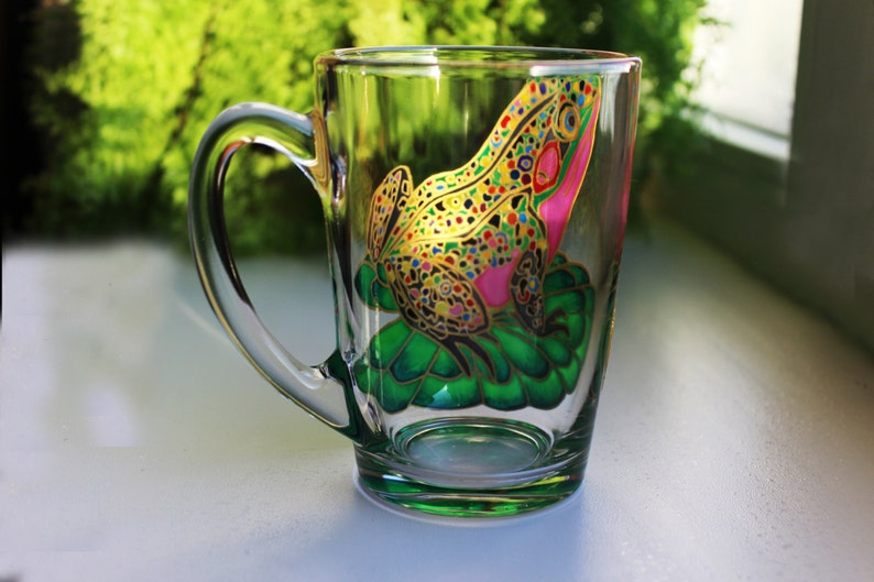 Frog coffee Mug Personalized hand painted pink Frog Glass Mug | Etsy