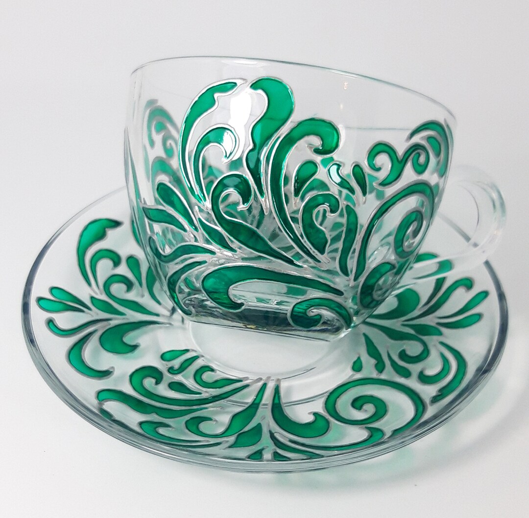 Emerald Cup and Saucer Set, Hand Painted Suncatcher Stained Glass Tea ...
