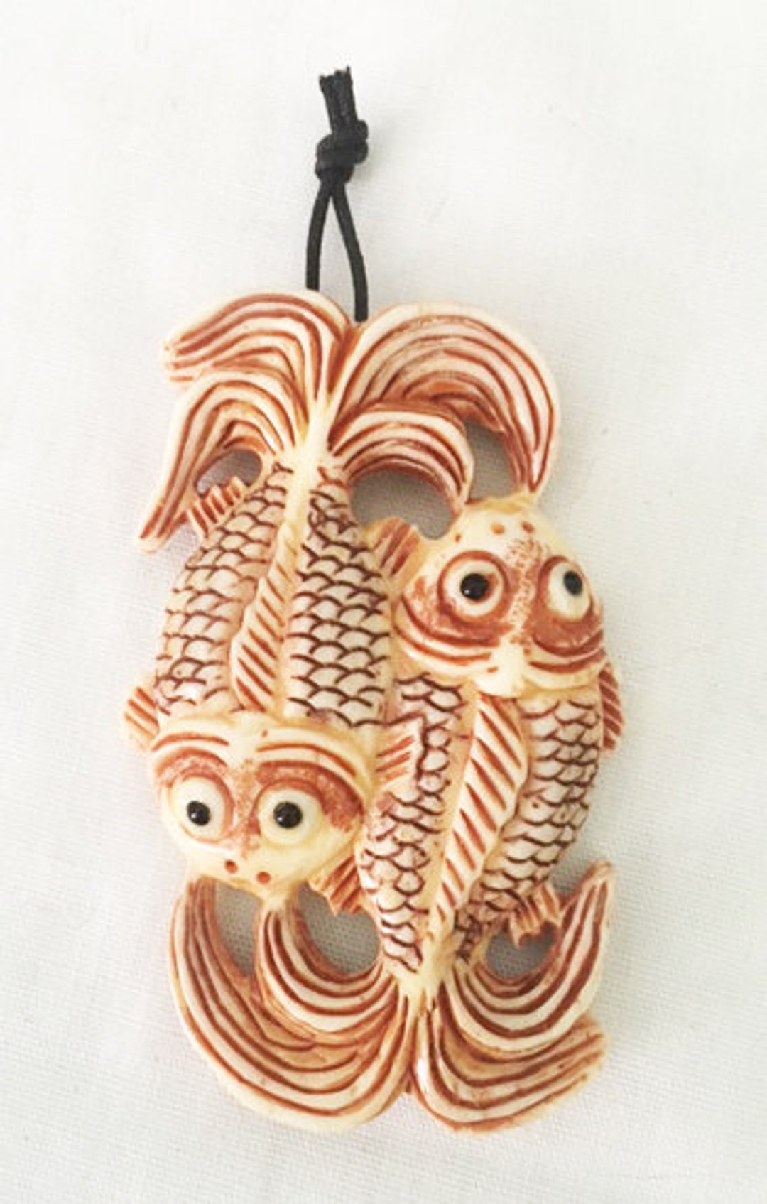 Buy Carved Bone Double Fish Pendant, Koi Fish, Red Tan Black Eyes, Size ...