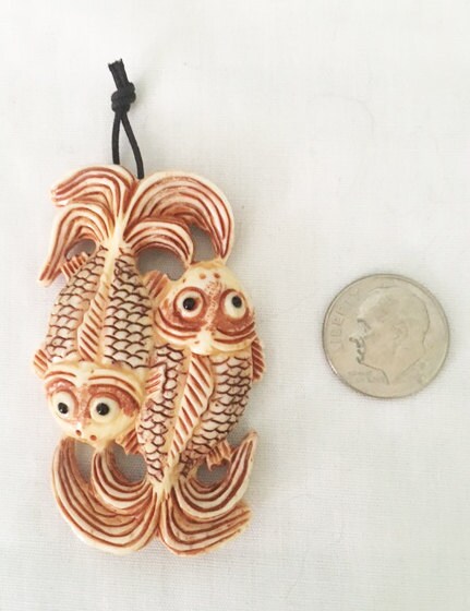 Buy Carved Bone Double Fish Pendant Koi Fish Red Tan Black Eyes Online ...
