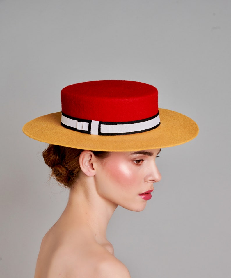 Rubyyellow- Red and Mustard Boater Hat, Ideal for Henley Regatta ...