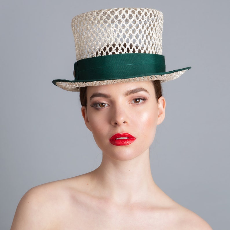 Tina - Ivory and Green Mesh Straw Top Hat - Etsy