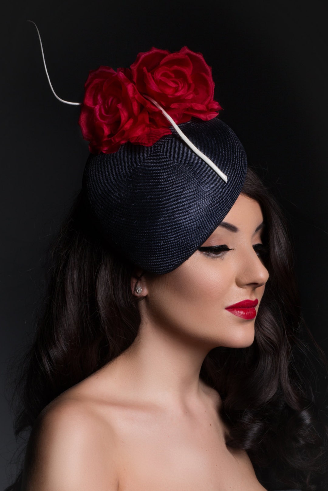 Bianca -navy Blue Parisisal Straw Teardrop Fascinator With Redrose ...