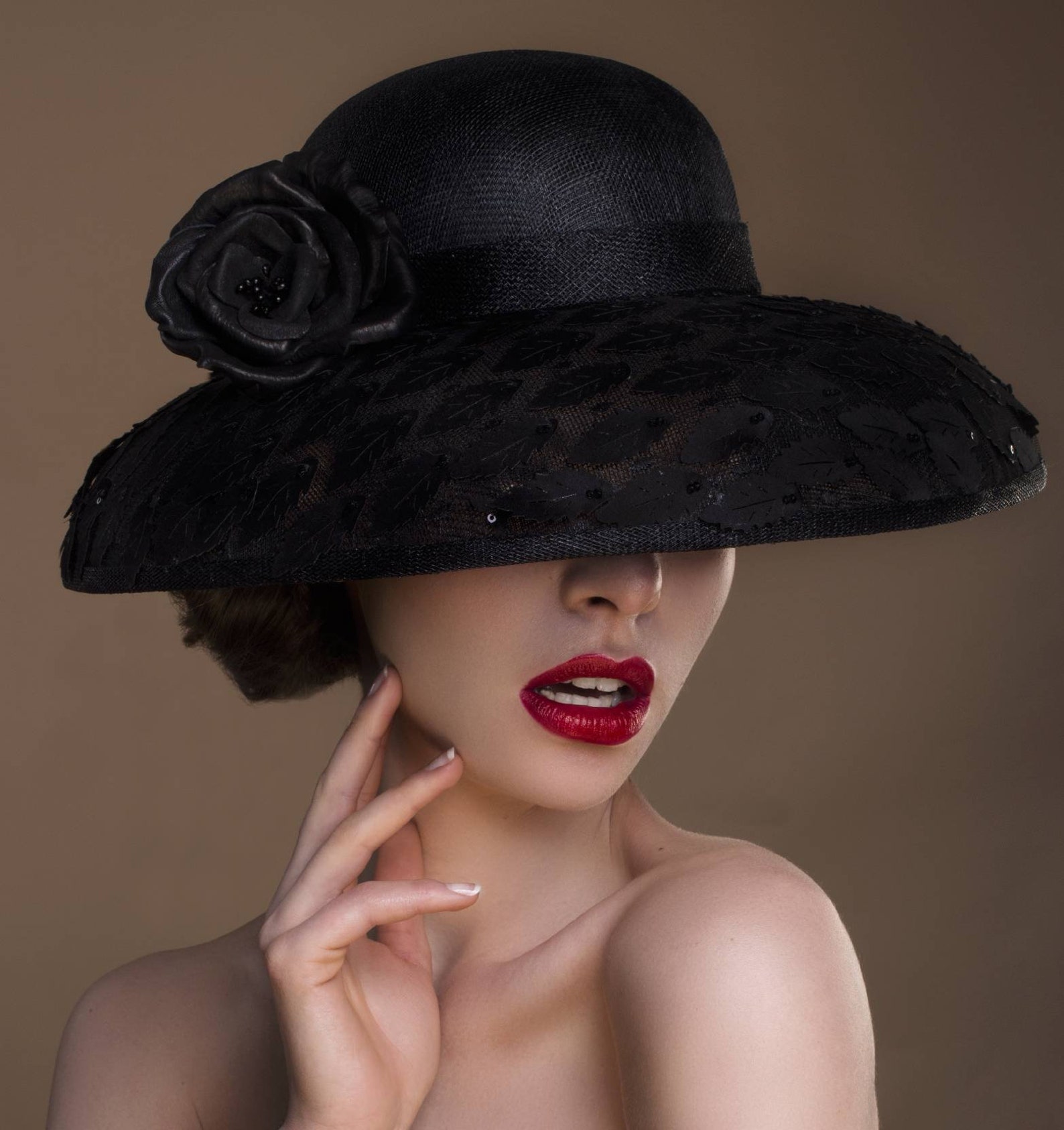 Colleen - Stunning Black Sinamay Dome Hat Covered With Leafy Chiffon ...