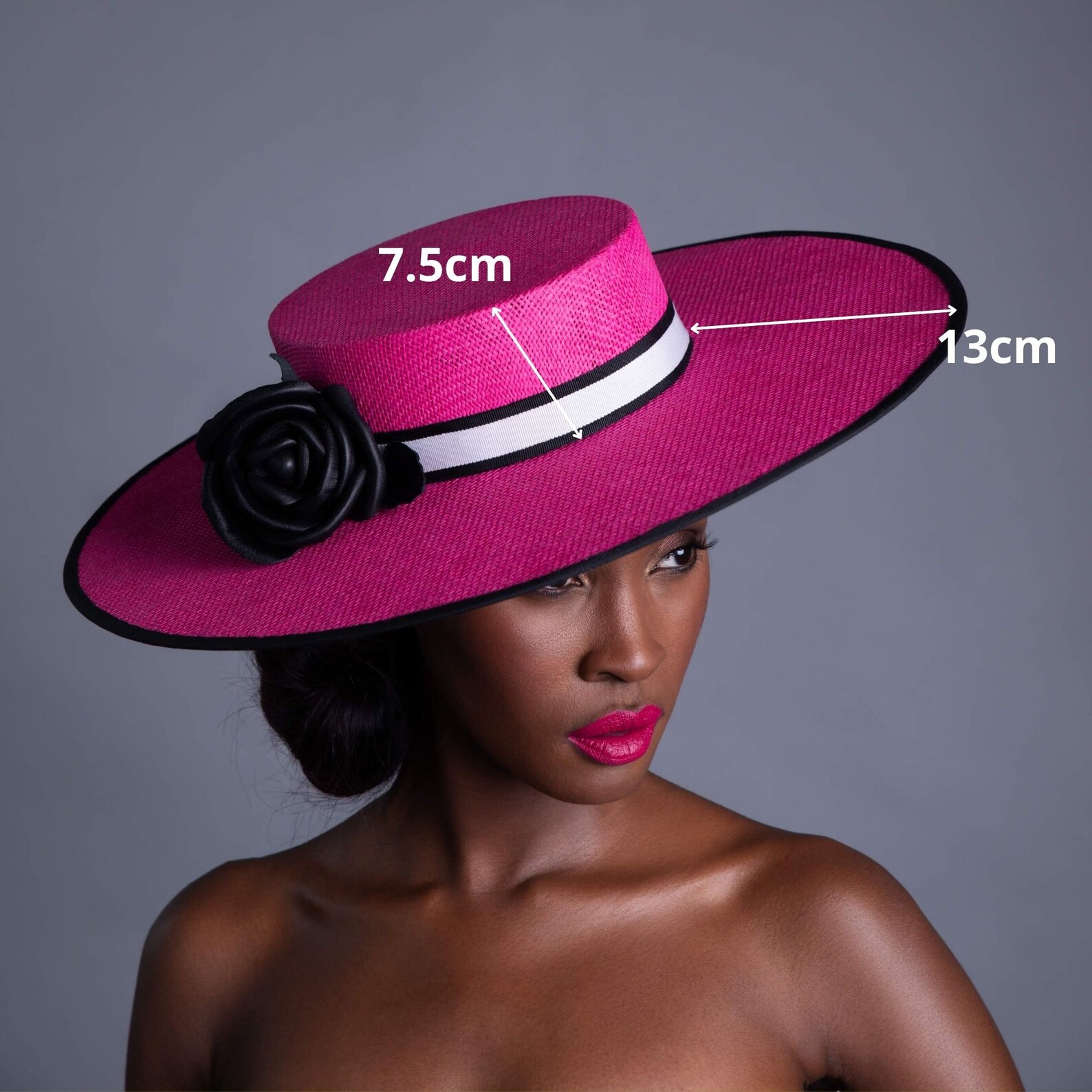Stunning Pink Boater With Black Leather Flower and Black With White ...