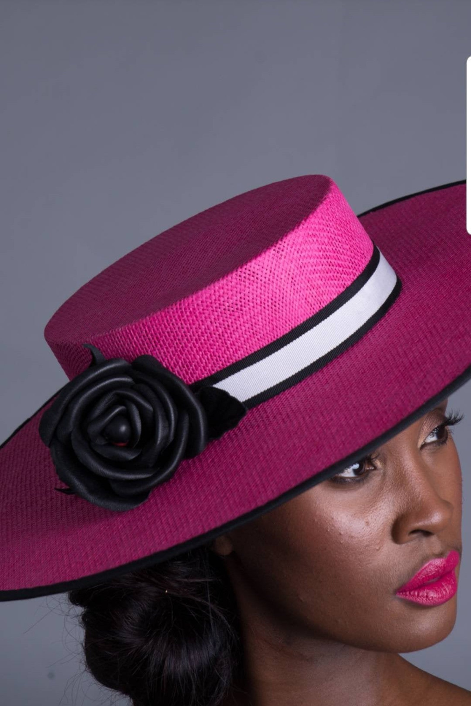 Stunning Pink Boater With Black Leather Flower and Black With White ...