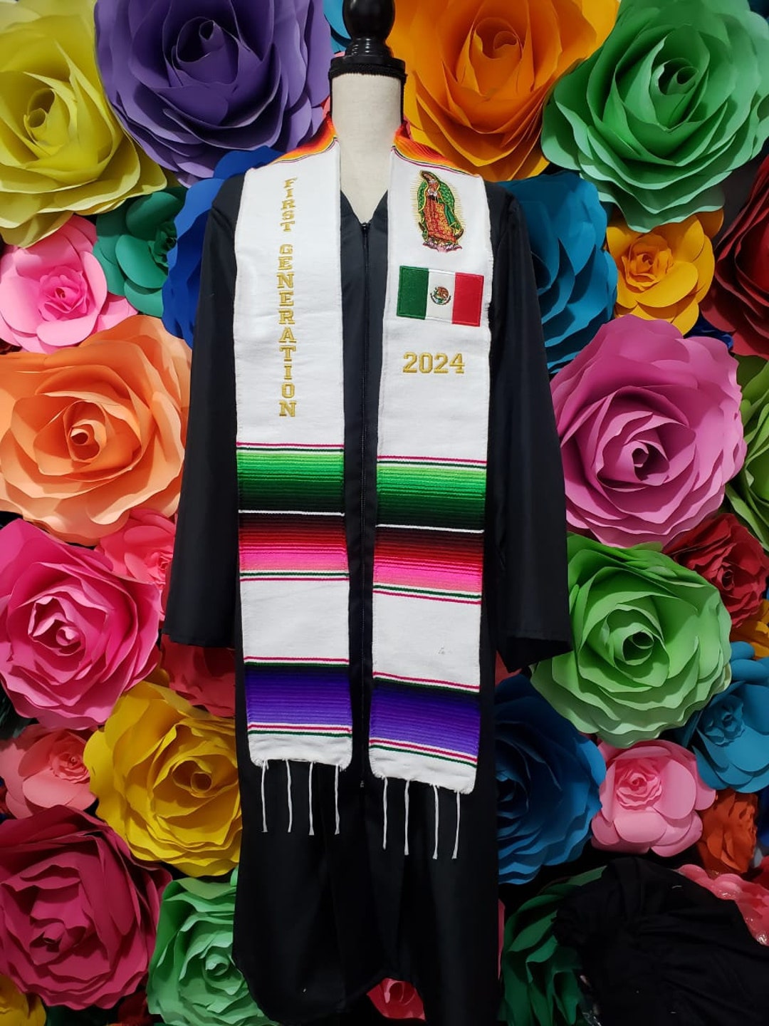 White Mexican Zarape Sarape FIRST GENERATION Graduation Gift Virgin on ...