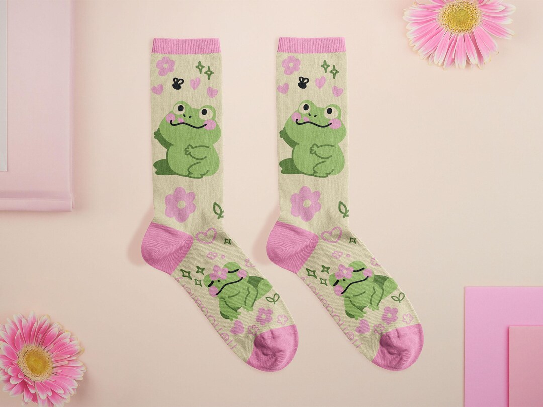 Pastel Frogs Cotton Crew Socks | Cute Knitted Socks Cozy Warm Fluffy ...