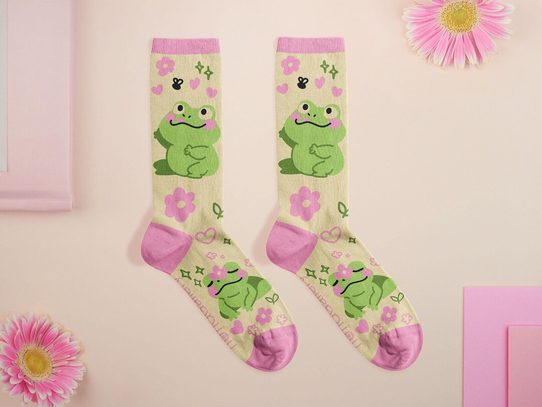 Pastel Frogs Cotton Crew Socks Cute Knitted Socks Cozy Warm Fluffy ...