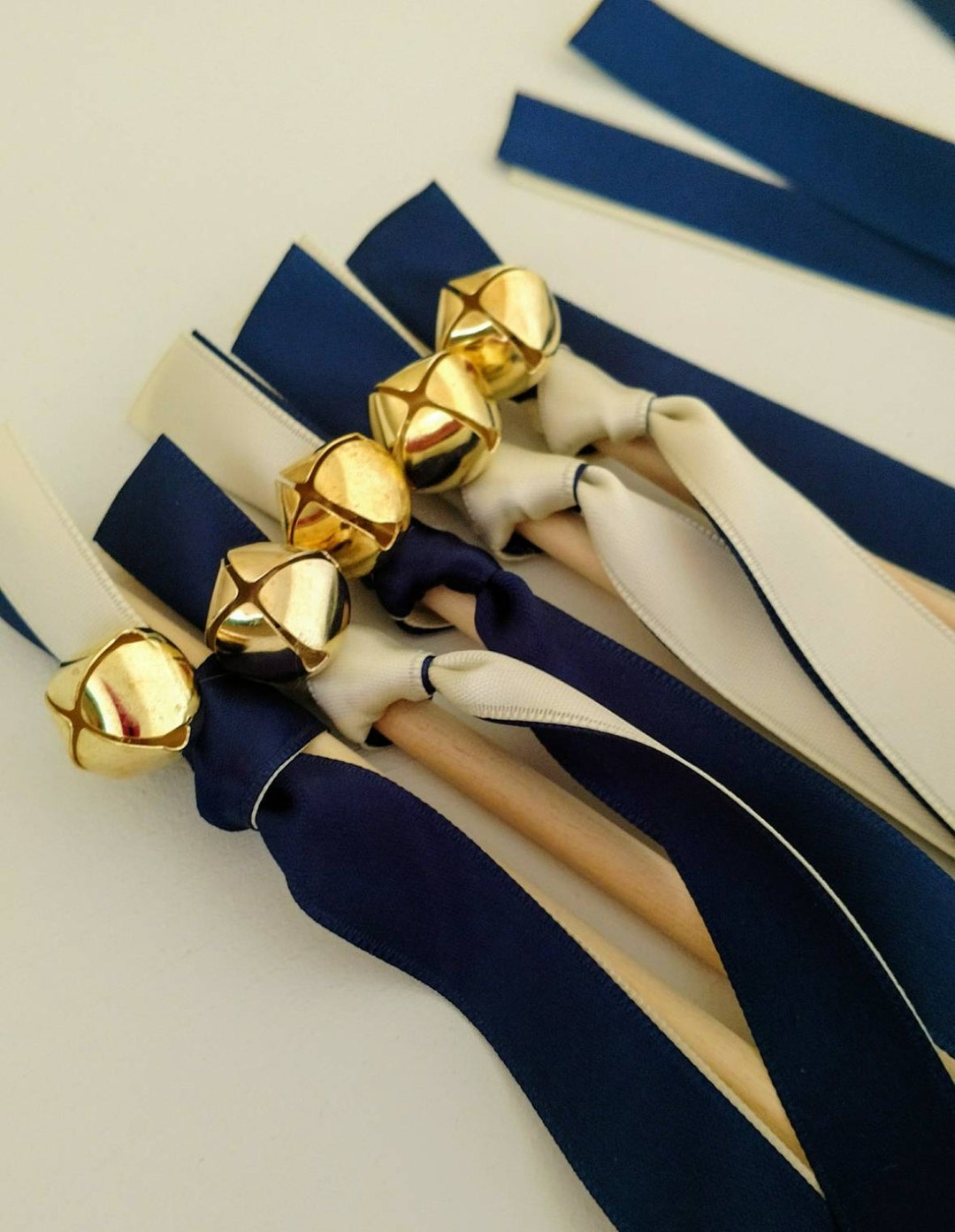 50 Ribbon Wands - Navy and Ivory W/ Gold Bells - Wedding- Celebration ...