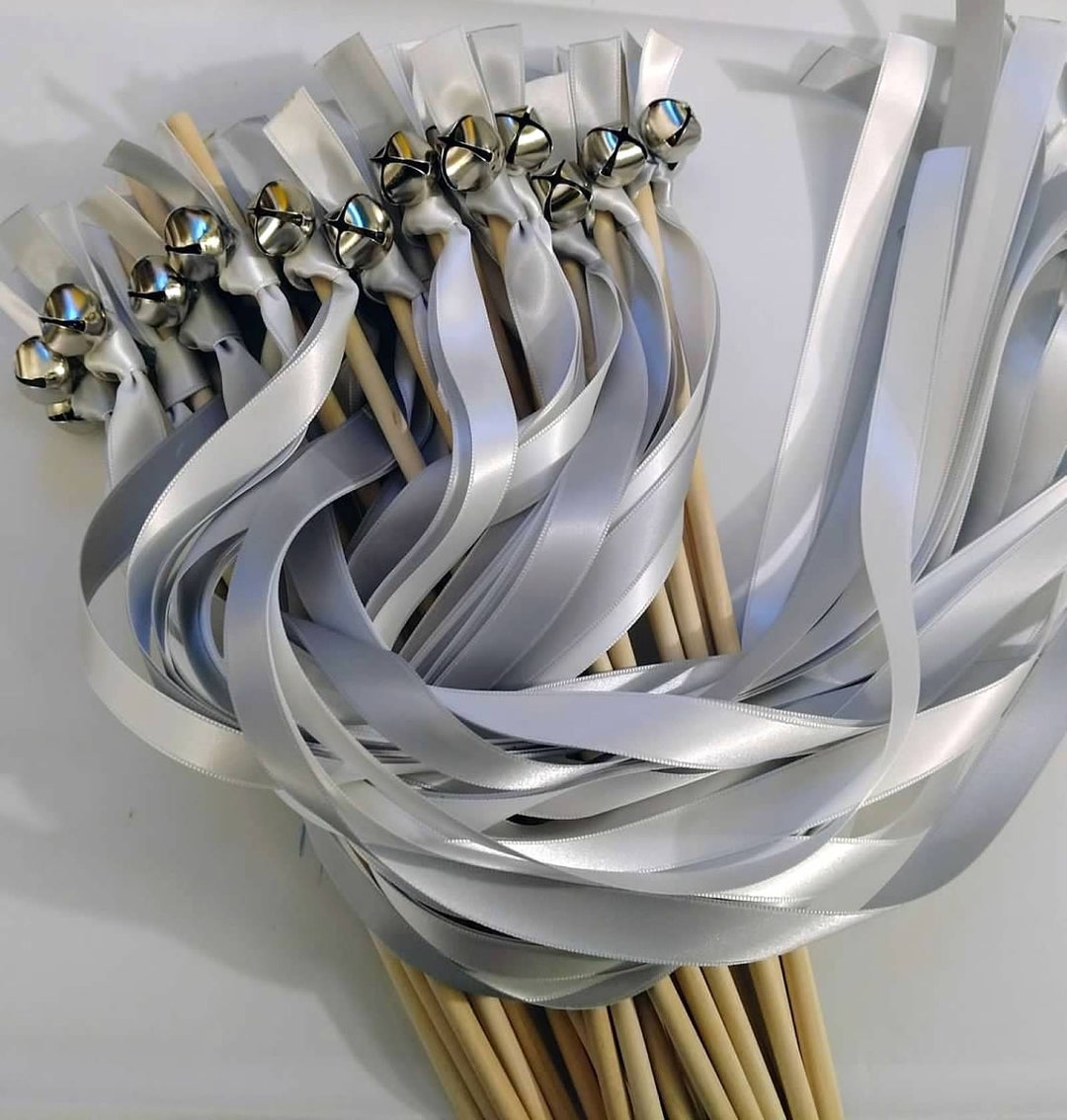 50 Ribbon Wands - Silver and White W/ Silver Bell- Wedding-celebration ...