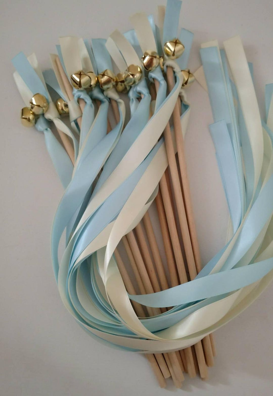 50 Ribbon Wands - Light Blue and Ivory W/ Gold Bell- Wedding ...