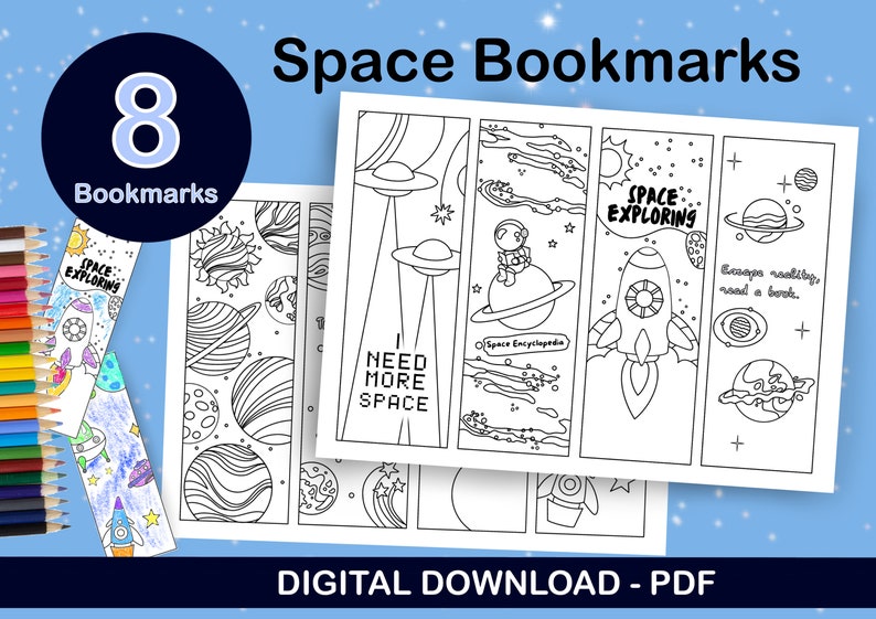 Printable Coloring Bookmarks Space, Color Your Own Bookmarks, DIY ...