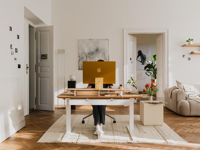 Oakywood Electric Standing Desk: Solid Oak or Walnut Wood, White Legs ...