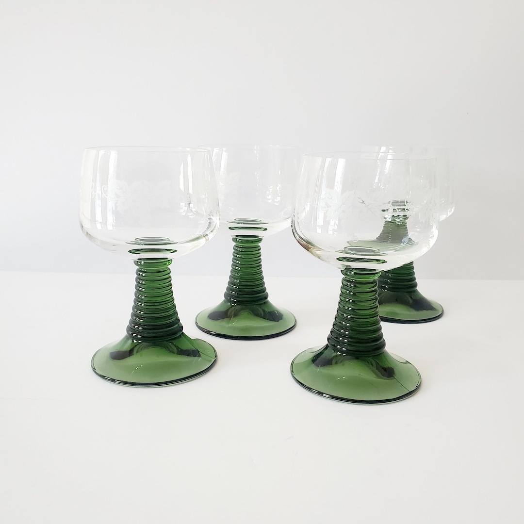 4 Vintage German Roemer Wine Glasses: 8 Ounce Etched Grape Green ...