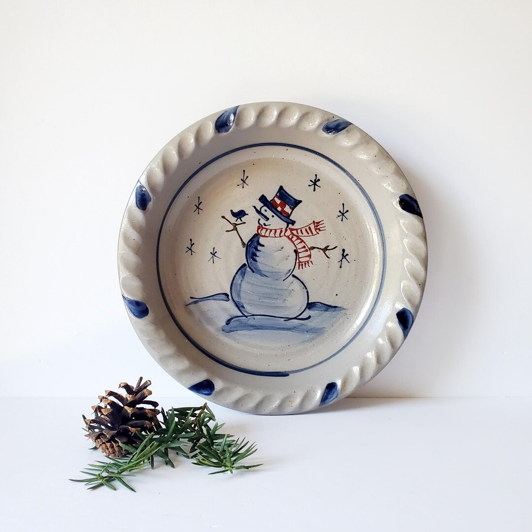 Rowe Pottery Works Christmas Pie Plate Dish Vintage Salt Glazed Pottery ...