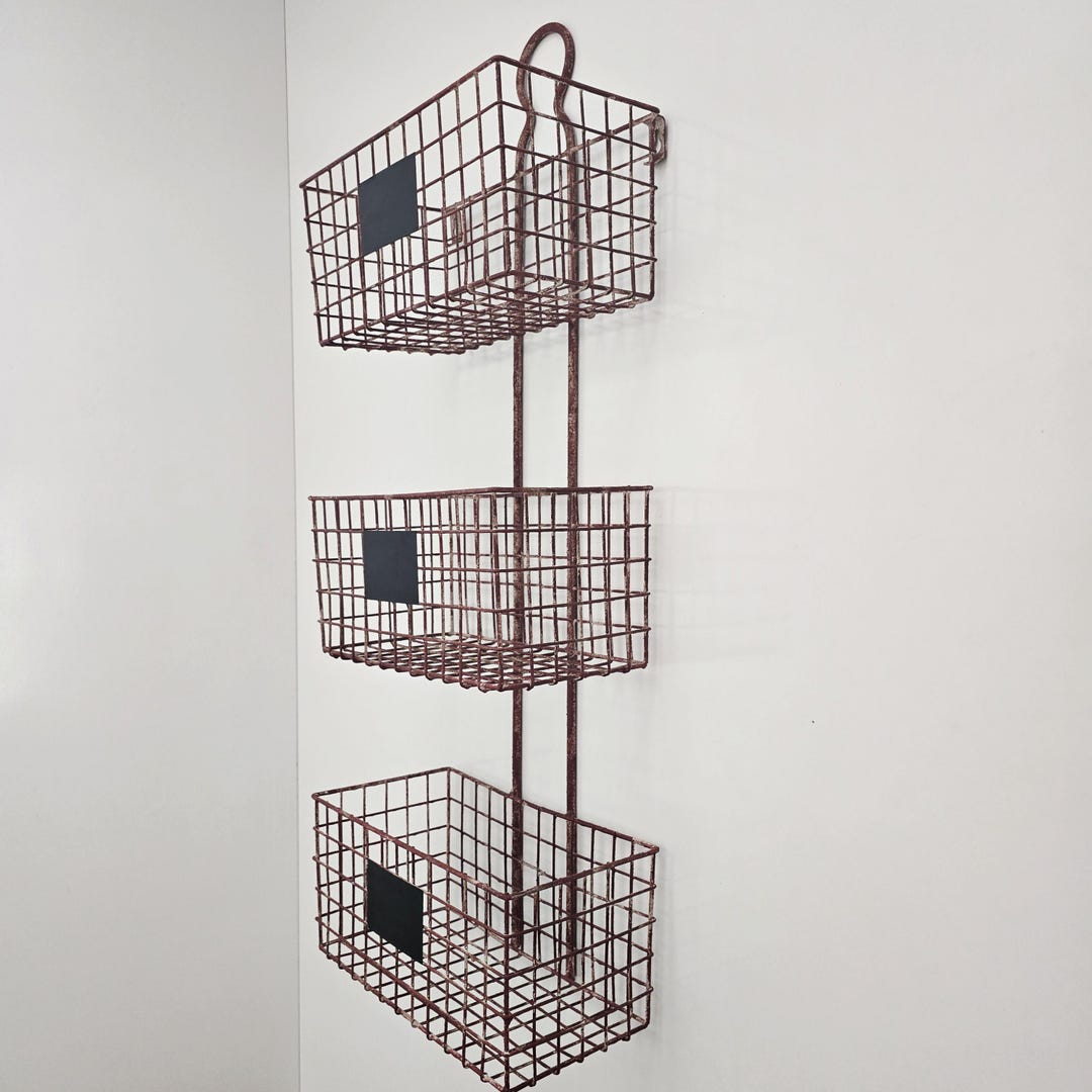 Wall Basket Storage 3 Tier Magazine Rack Vintage 36" X 12" Hanging Wire ...